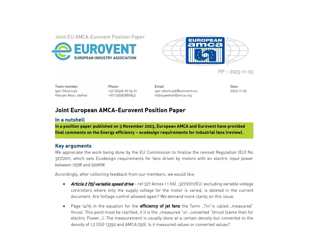 Joint European AMCA-Eurovent Position Paper on the energy efficiency